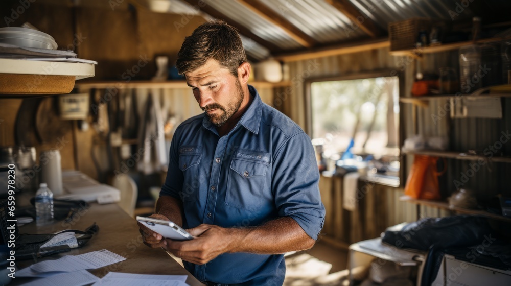 Young handsome male worker in denim shirt carefully studying drawings ...