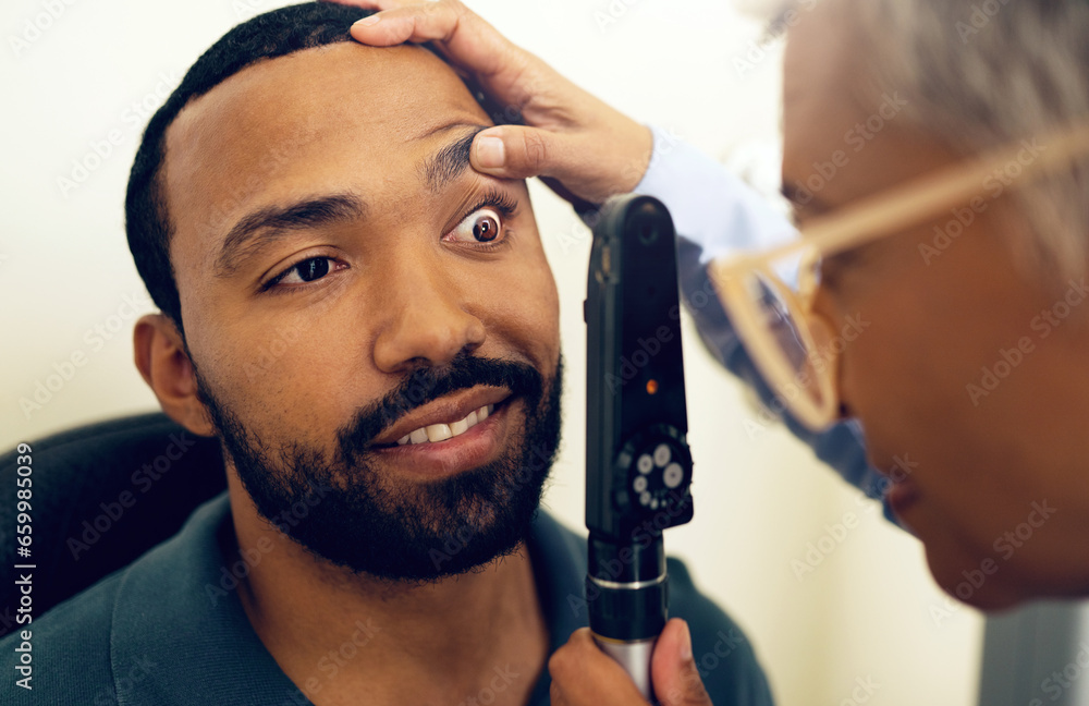 Vision, patient eyes and optometrist with ophthalmoscope for glaucoma ...