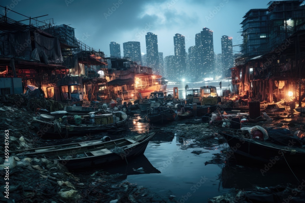 contrast between a wealthy city skyline versus a poor poverty city ...