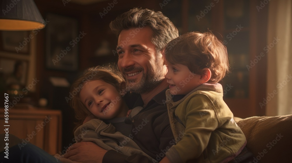 Charming photo captures a father sharing a joyful moment with his two ...