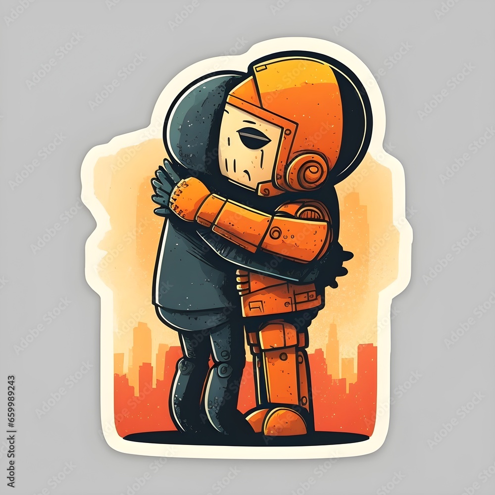 vector art human hugging a robot sticker Stock Illustration | Adobe Stock