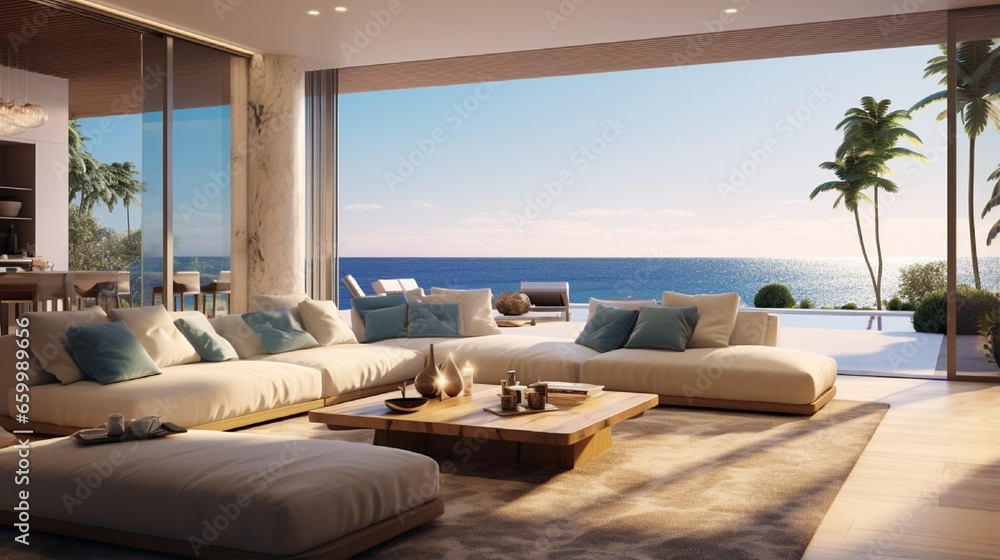 Design a luxurious oceanfront living room with floor-to-ceiling windows ...