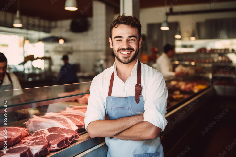 Happy young butcher man standing next to the meat counter Stock Photo ...