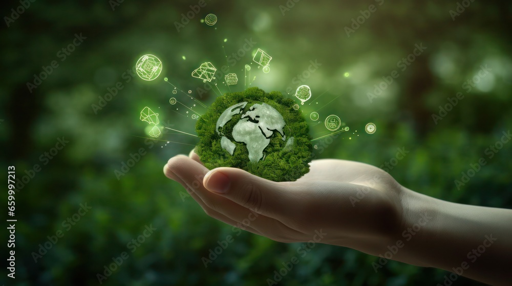 The hands holding the Earth and the icon of reuse reduce recycle and ...