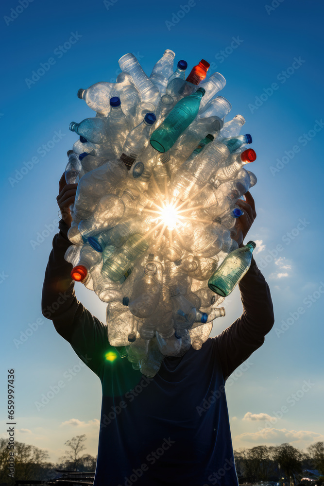 Man Holds Up Tower of Plastics Bottles, plastic waste pollution symbol ...