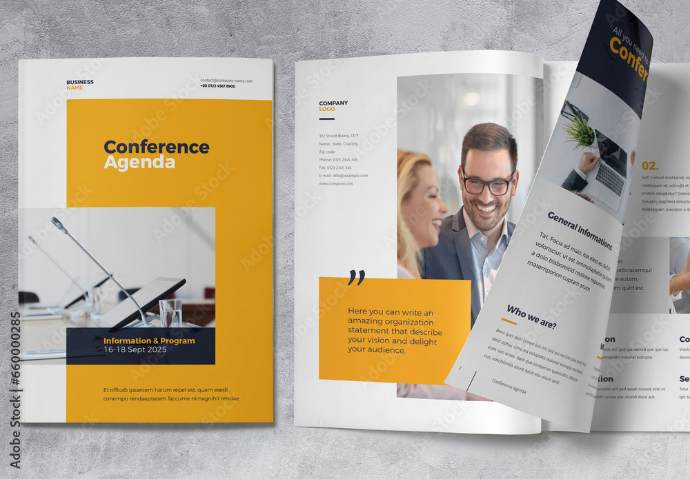Business Conference Agenda Brochure with Yellow and Grey Accents Stock ...