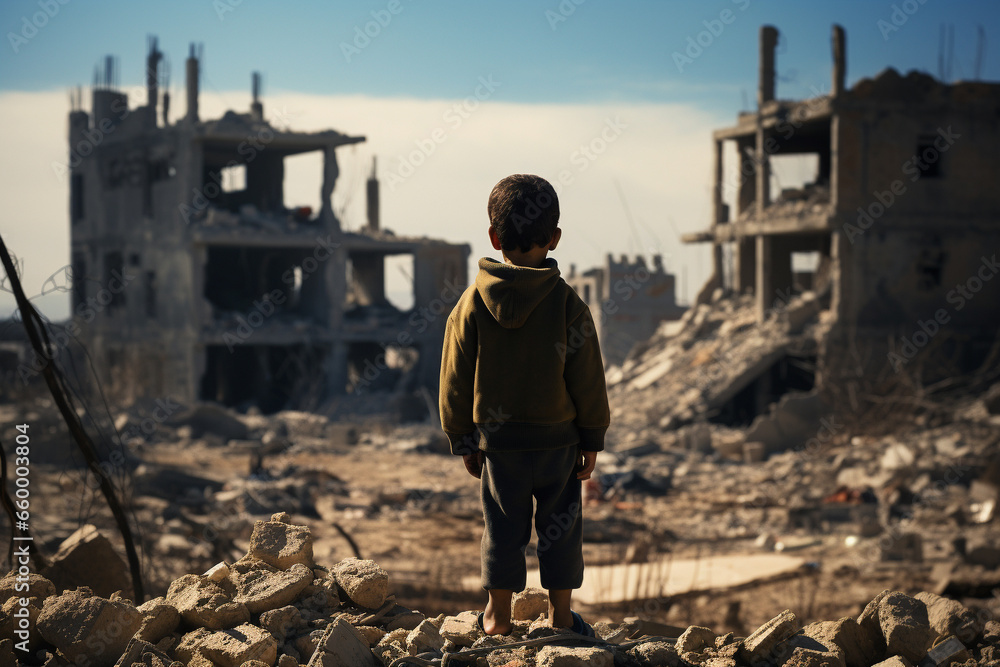 Poor orphan child in destroyed city in Palestine Israel war conflict ...