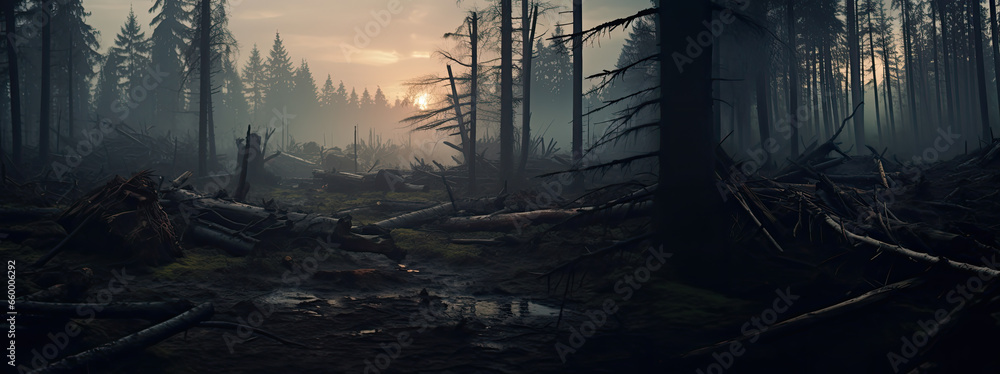 Devastated forest after fire with tree stumps on the ground in ...