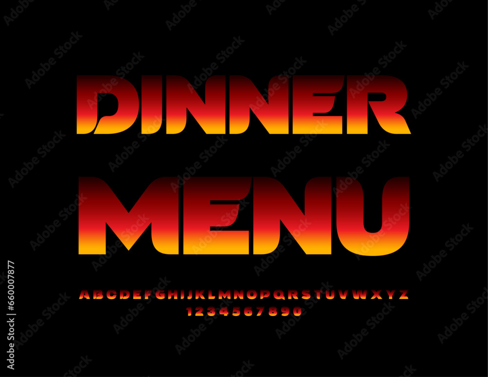 Vector advertising flyer Dinner Menu. Burn bright Font. Fire Alphabet ...