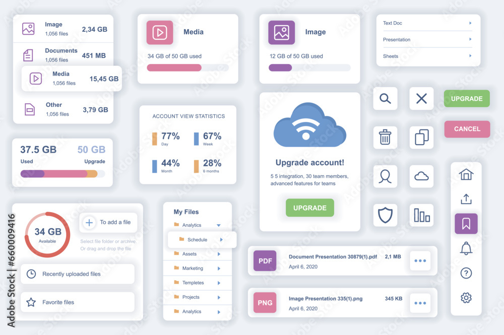 User interface elements set for cloud technology mobile app. Kit template with HUD diagrams ...