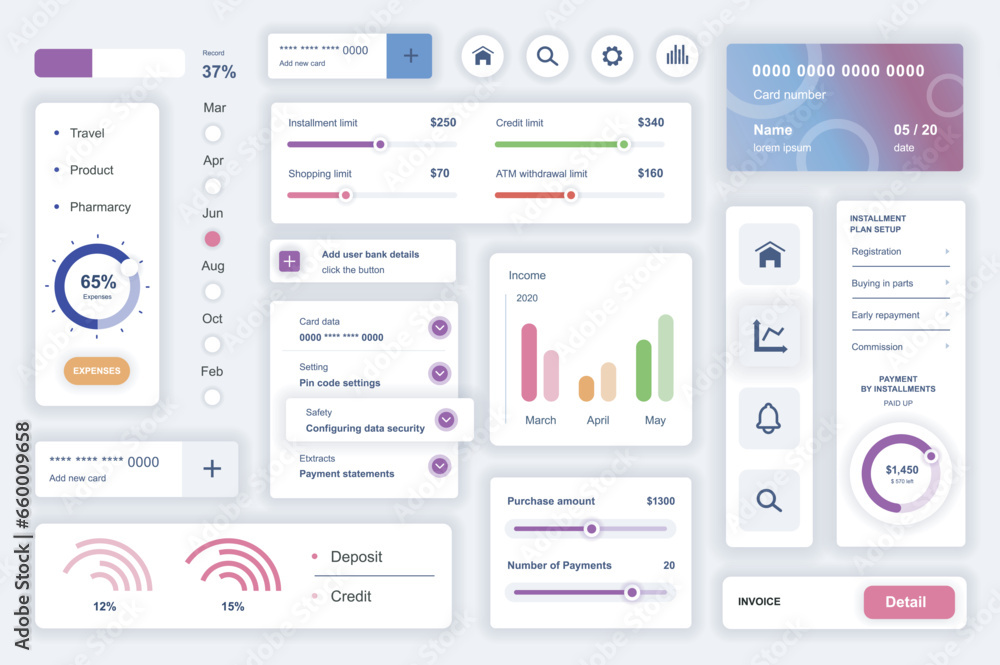 User interface elements set for data analysis mobile app. Kit template with HUD diagrams ...