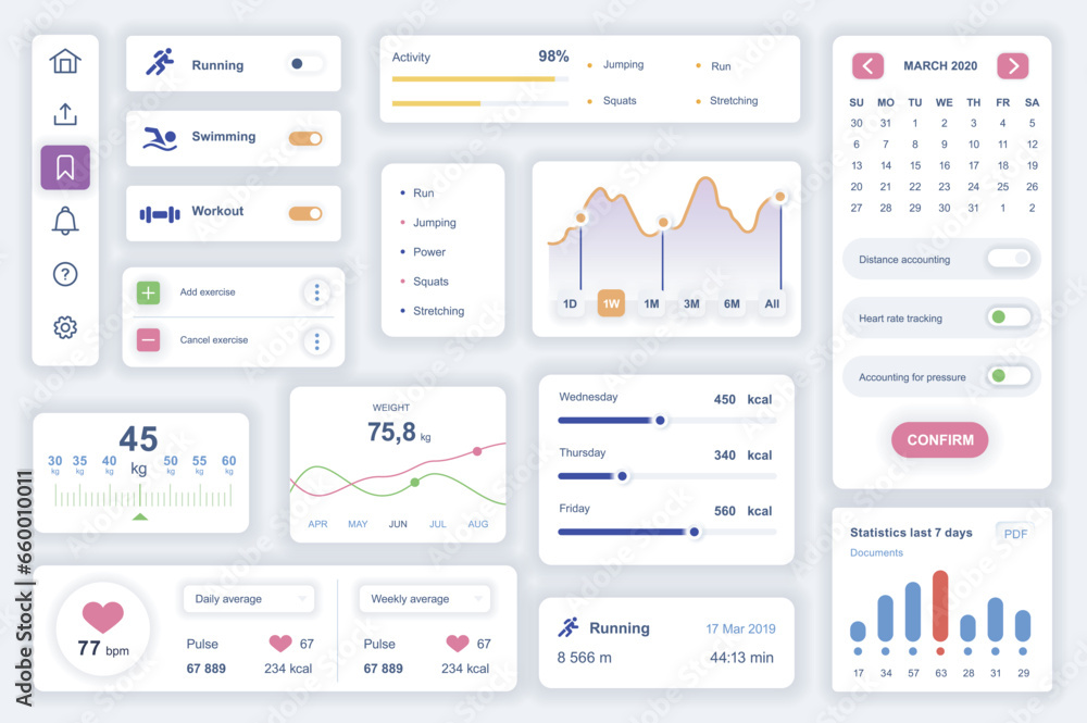 User Interface Elements Set For Fitness Mobile App Kit Template With