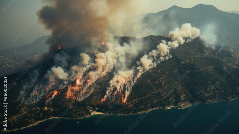 aerial photography of a fire in a mount on the coast, several fire ...