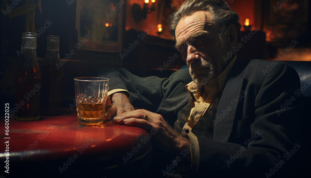 Artistic recreation of a alcoholic drunk man drinking at a bar ...