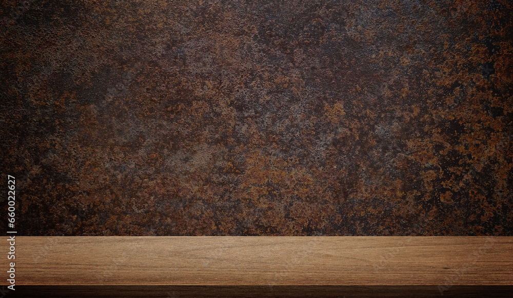 wooden table at foreground with aged grunge rusted metal texture at ...