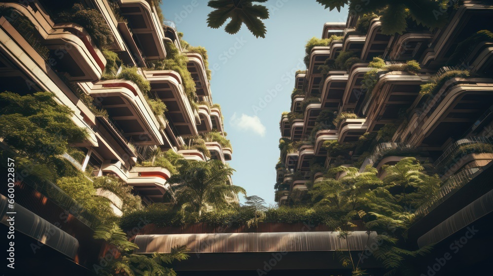 Green skyscraper building with plants growing on the facade. Ecology ...