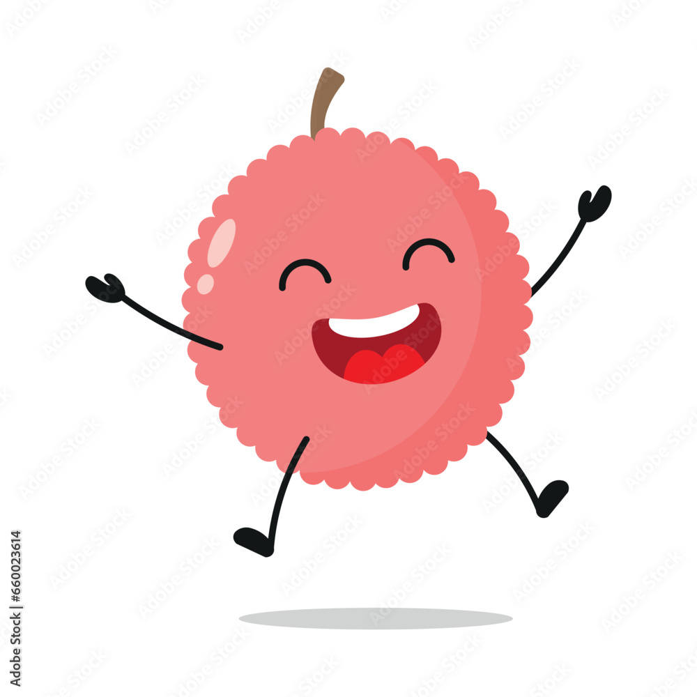 Cute happy lychee character. Funny victory jump celebration fruit ...