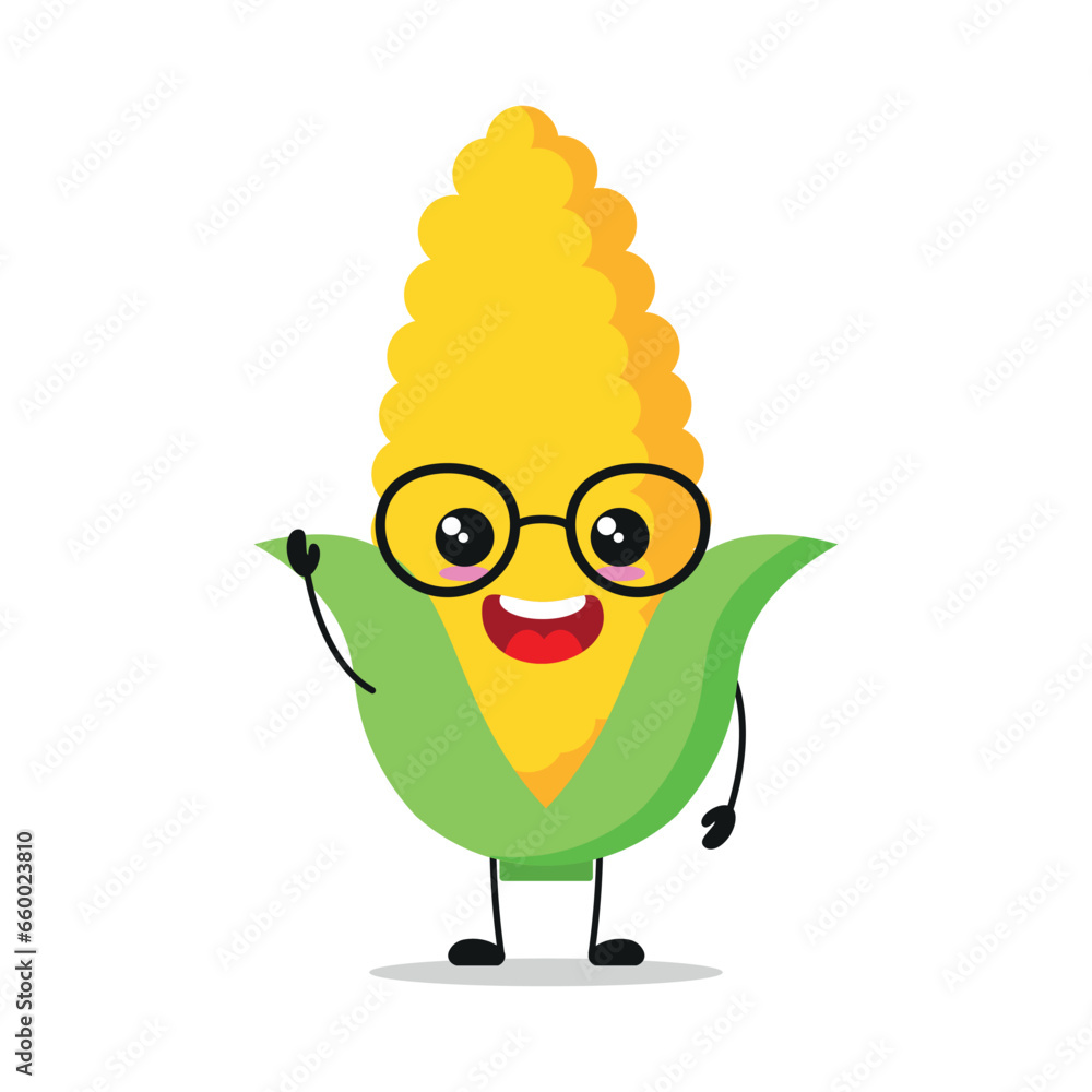 Cute happy corn character wear eyeglasses. Smiling and greet vegetable ...