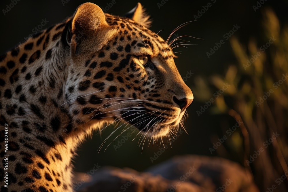 the side profile of a leopard, panthera pardus, in soft light Stock ...
