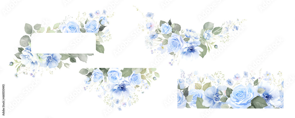 Watercolor navy blue roses floral bouquet, frame of blue rose, winter ...