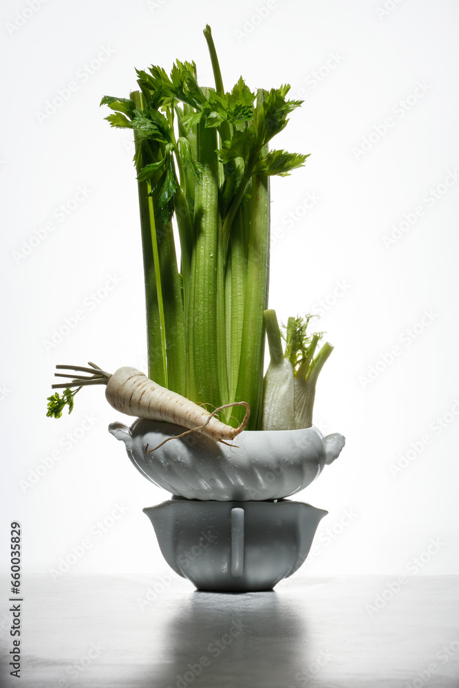 Variety of root vegetables on a white background. Healthy food. Still ...