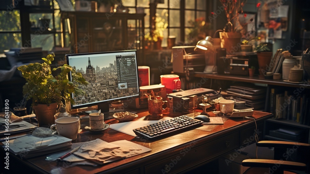 Close-up of a cluttered desk at a detective's workplace with a display ...