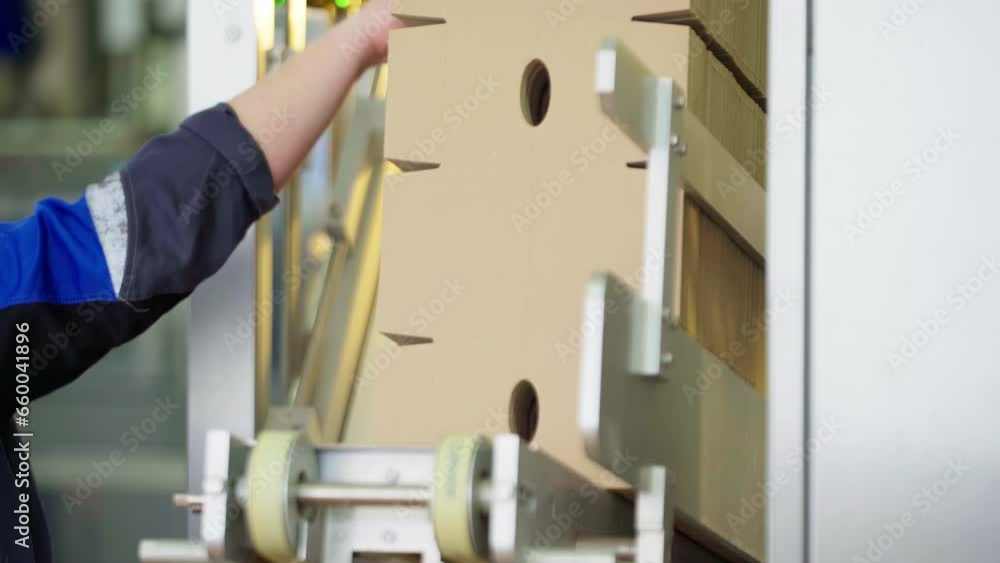 Folded Carton Boxes Are Placed In Piles Into The Conveyor Machine By A ...