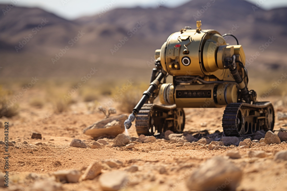 On a remote desert training ground, a specialized bomb disposal robot ...