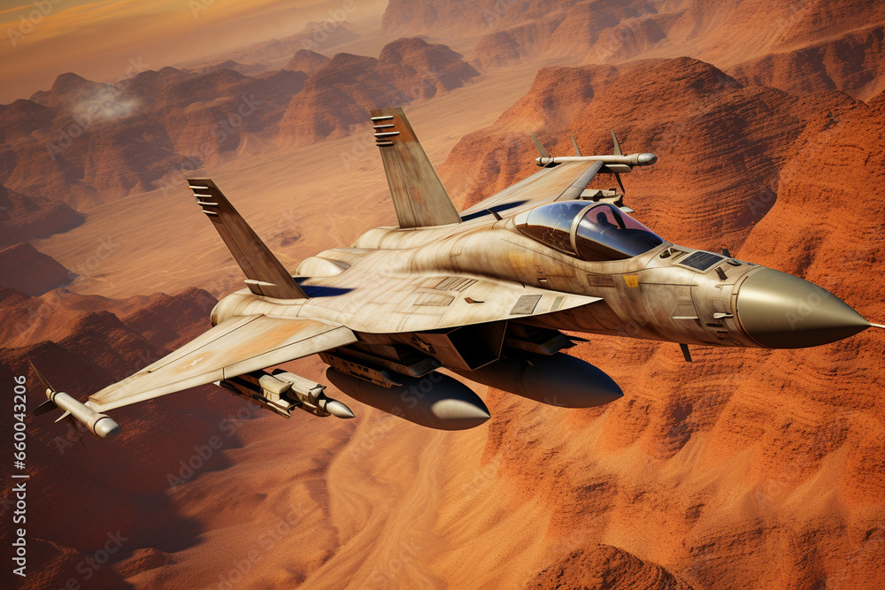 In the heart of the desert, a fighter jet takes off from a desert ...