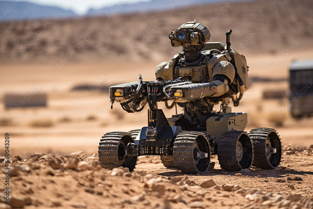 On a remote desert training ground, a specialized bomb disposal robot ...