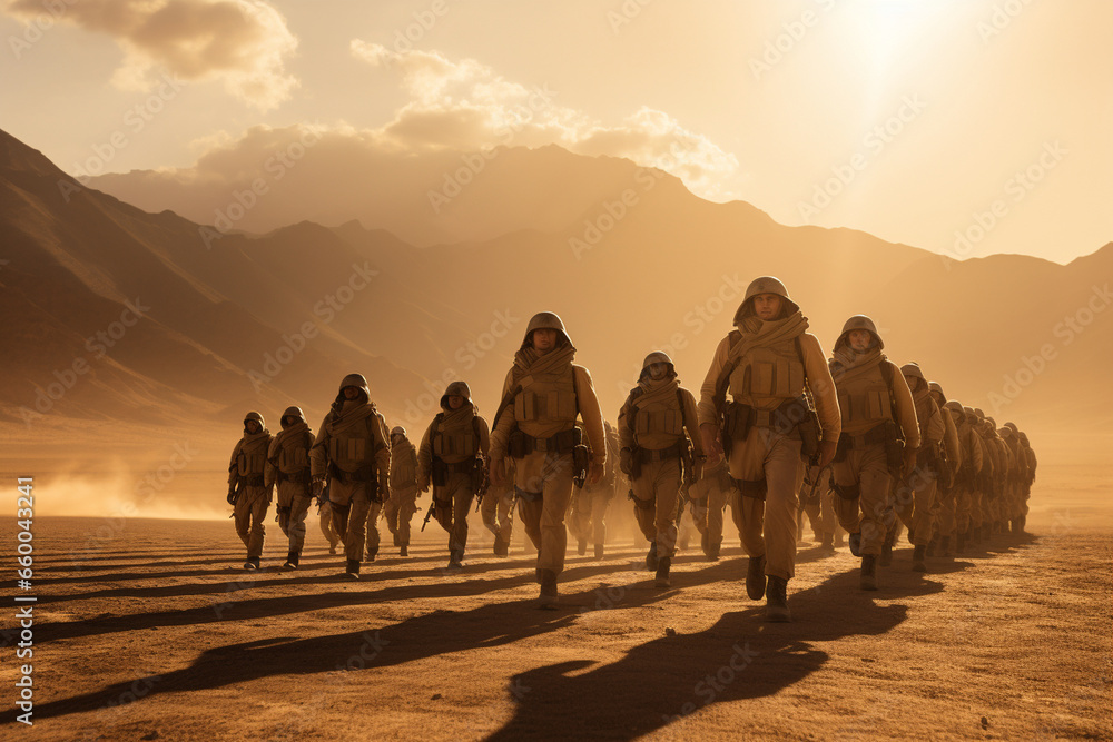 In the scorching desert sun, a squad of soldiers marches in perfect ...