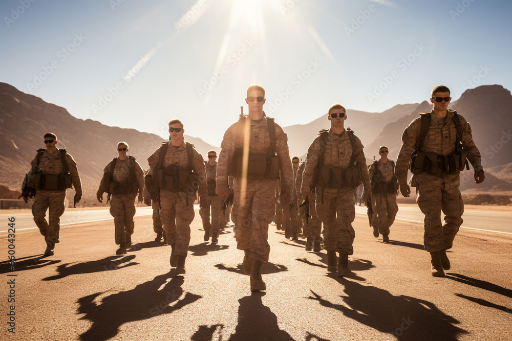 In the scorching desert sun, a squad of soldiers marches in perfect ...