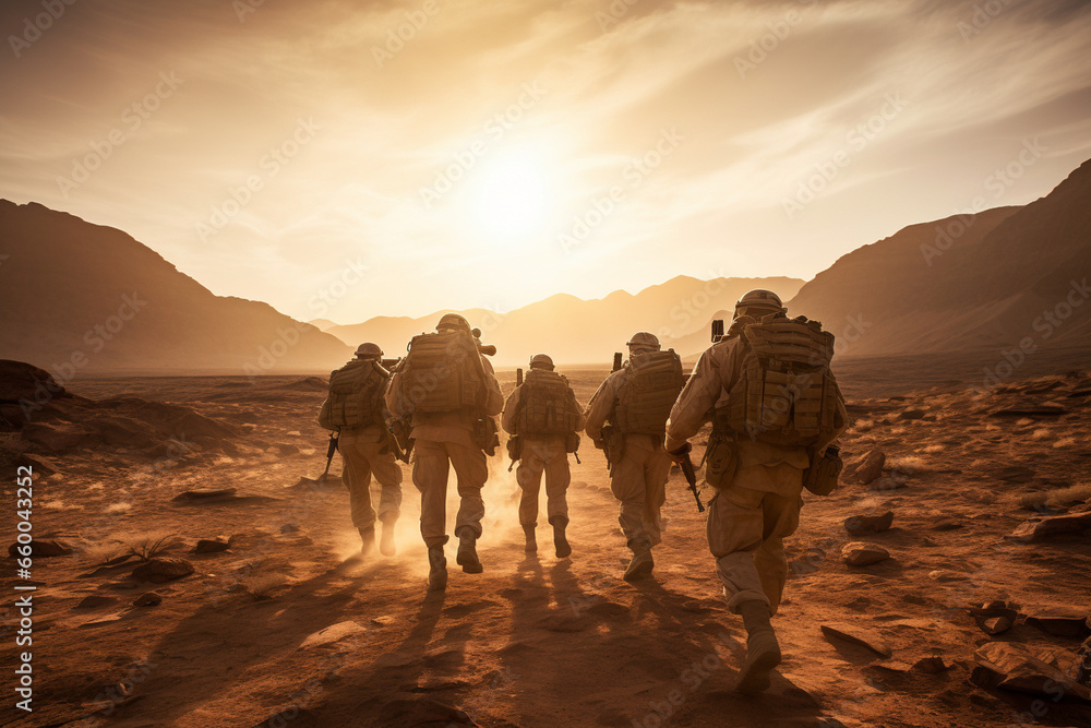 In the scorching desert sun, a squad of soldiers marches in perfect ...