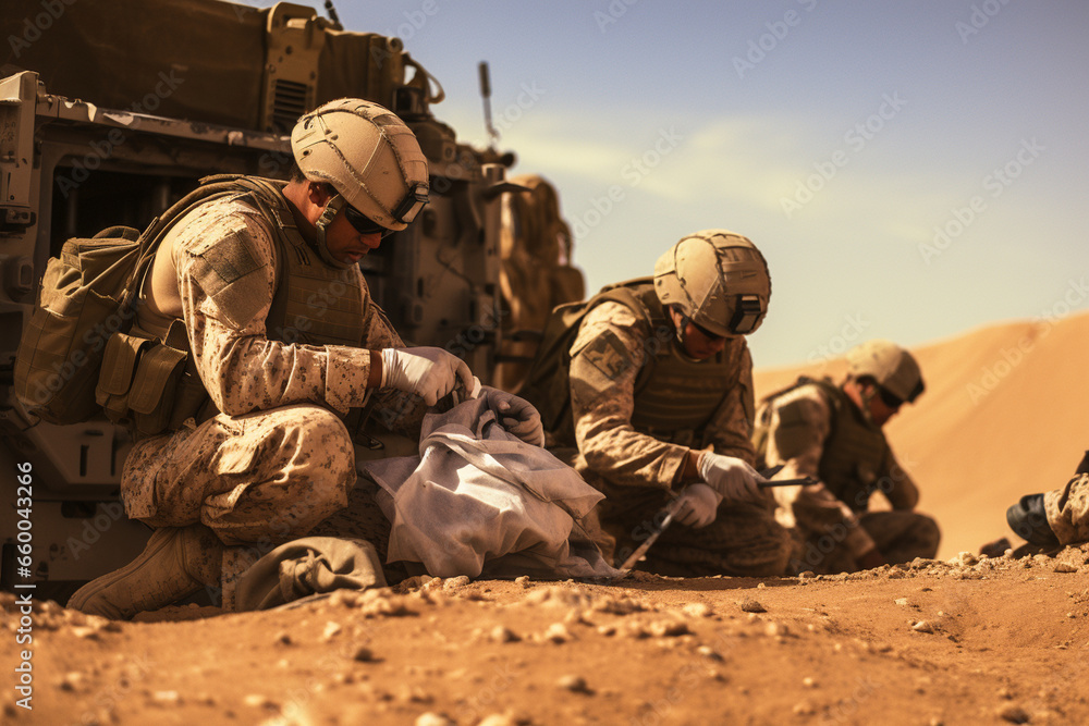 Amidst the golden desert sands, a team of medics tends to injured ...