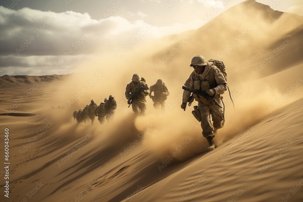 Surrounded by endless sand dunes, a group of soldiers in uniform ...