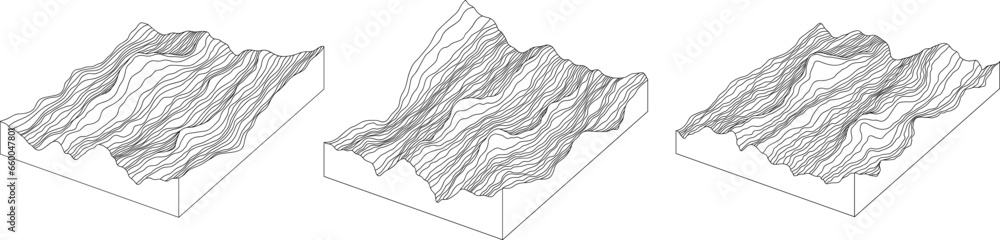 Illustration of a topographic map of the island hand drawn set ...