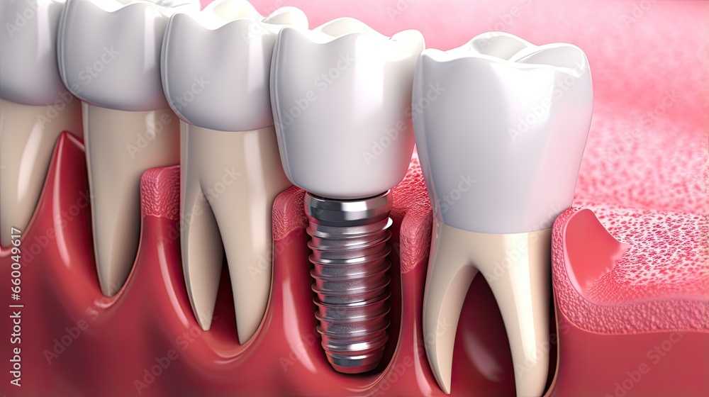 Medical illustration depicting tooth implant and dentures retrieval ...