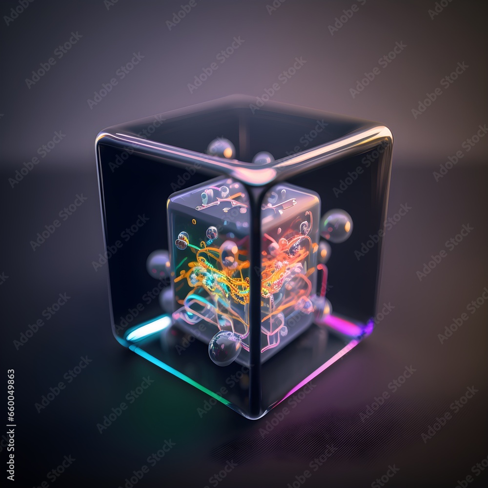 a single atom in a small black minimalistic container cube mostly ...