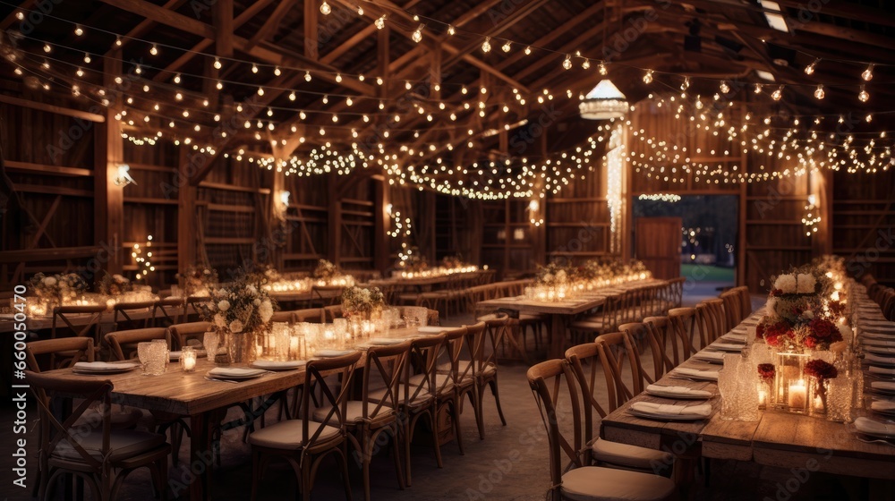 Indoor rustic wedding with charming string lighting in an elegant barn ...