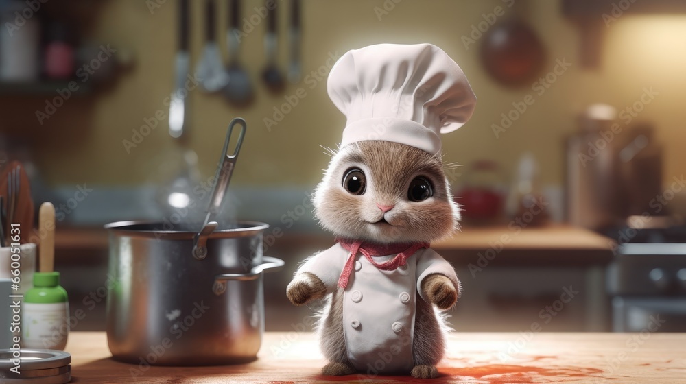 Very cute cartoon baby animal, wearing as a chef, cooking in the ...