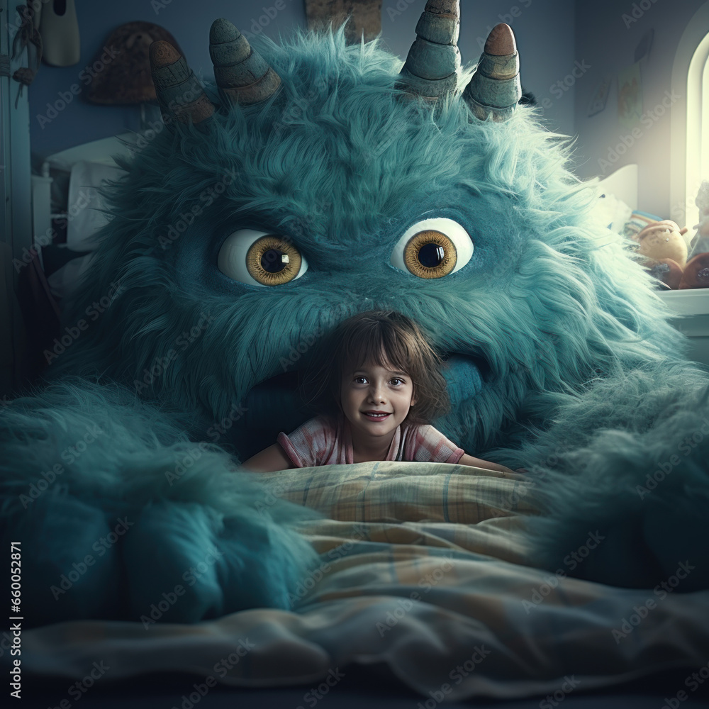 Baby scares concept, furry monster under the bed, horrible scary baby ...