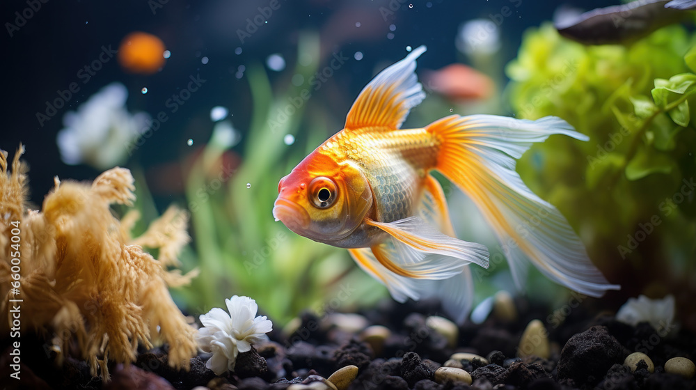 Aquarium Goldfish swim among algae and stones, corrals and underwater ...