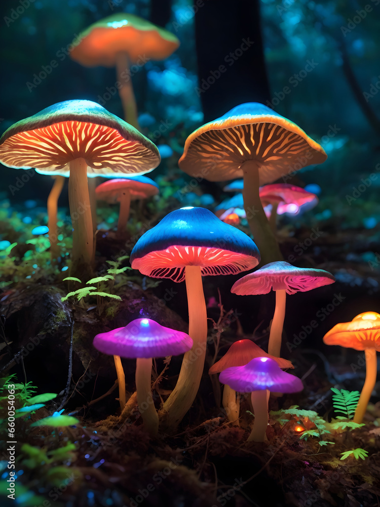 bioluminescent mushrooms illuminating the dark forest with a vivid ...