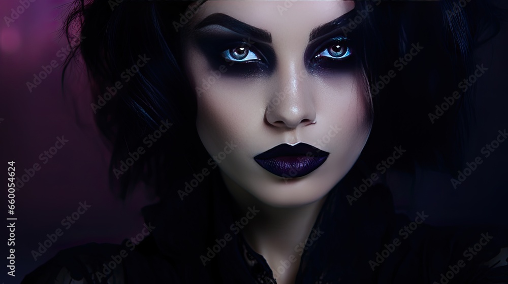 A model with a neo-gothic look using deep purple and black powder ...