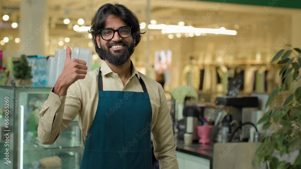 Coffee shop worker show like agree recommend gesture approve hand ...