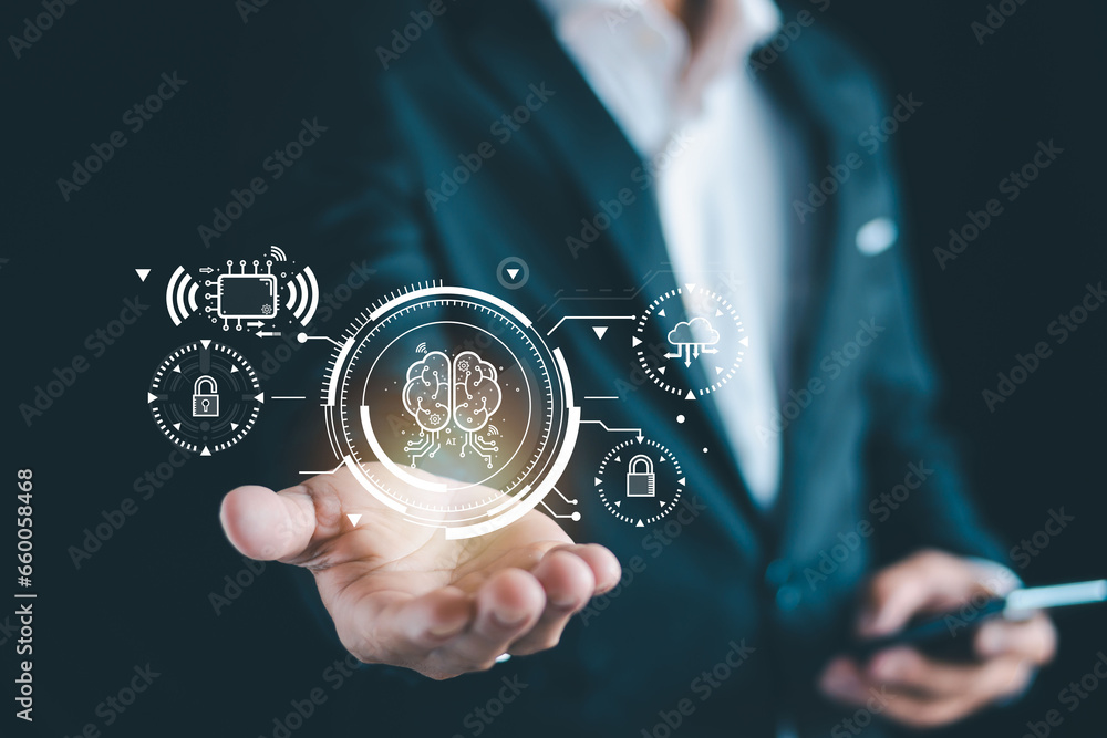 Businessman uses AI artificial intelligence technology by giving commands to create something ...