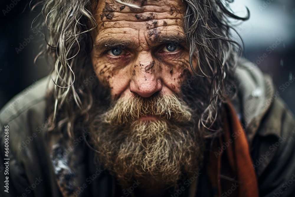 Portrait of a homeless old man, tough life, hobo on street, social ...