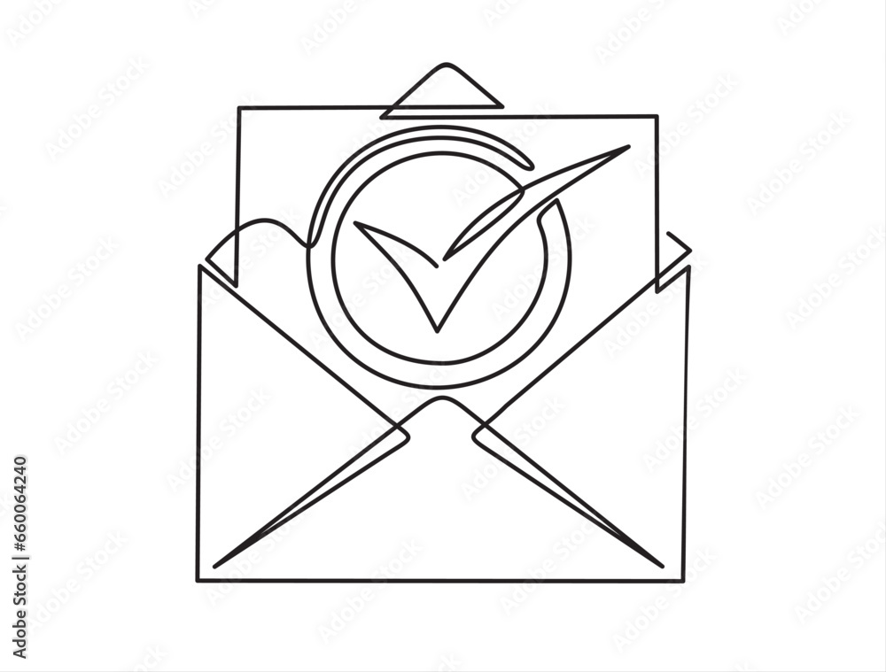 Continuous one line drawing of Opened envelope and document with check ...