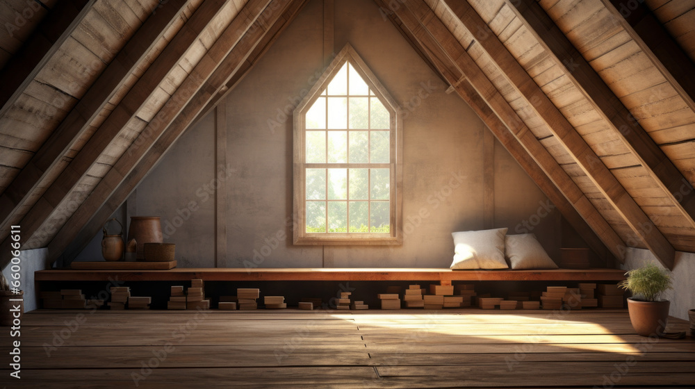 Attic with exposed rafters and a cozy window seat and a skylight Stock ...