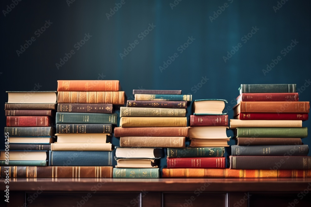 A stack of unread books. Shelf in the library. Copy space Stock Photo ...